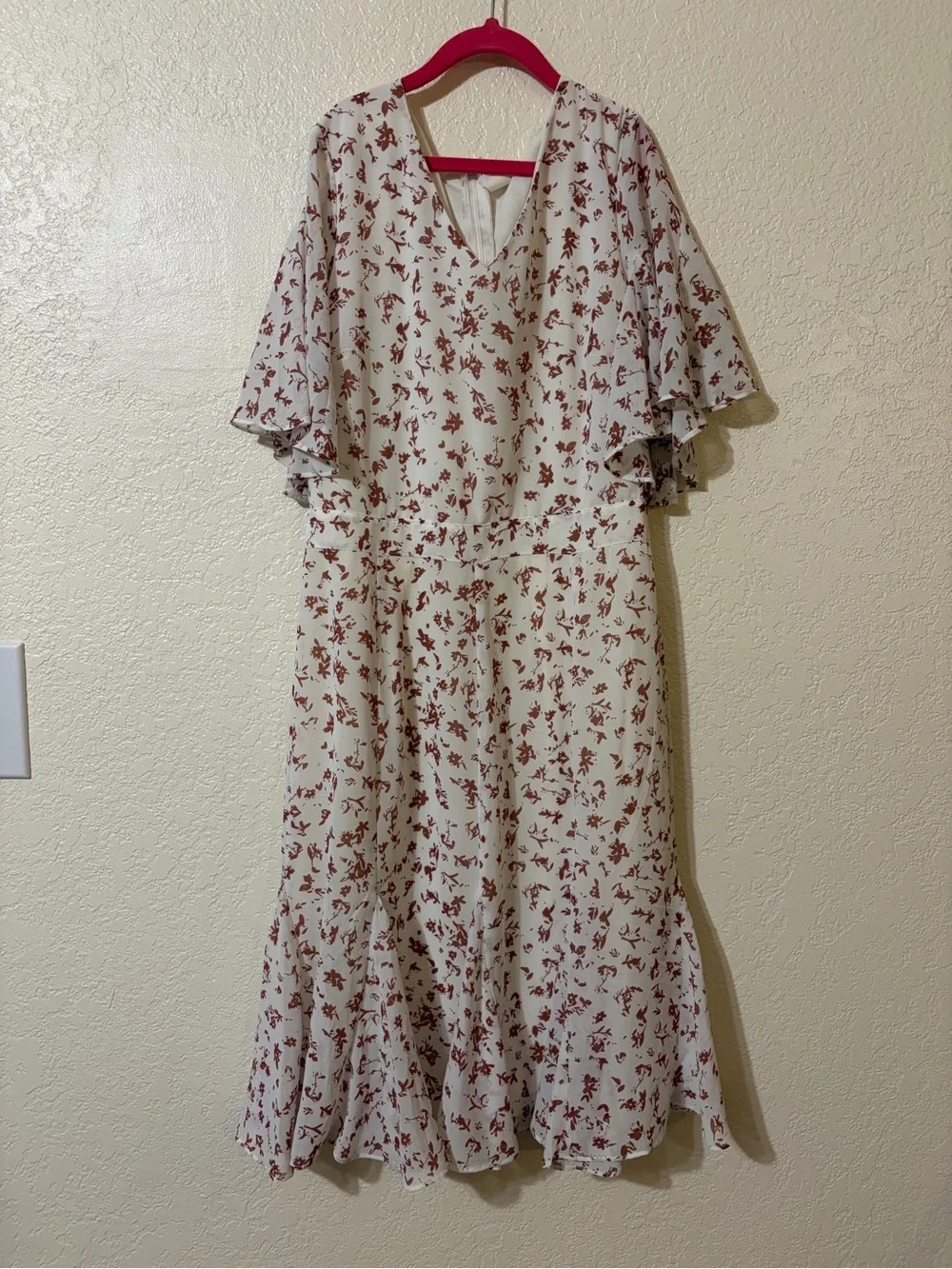 Dresses | Ivory Midi Dress With Rust Floral Print And Flutter Sleeves ...
